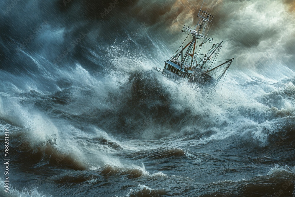 This photo depicts a painting of a boat struggling against the powerful ...