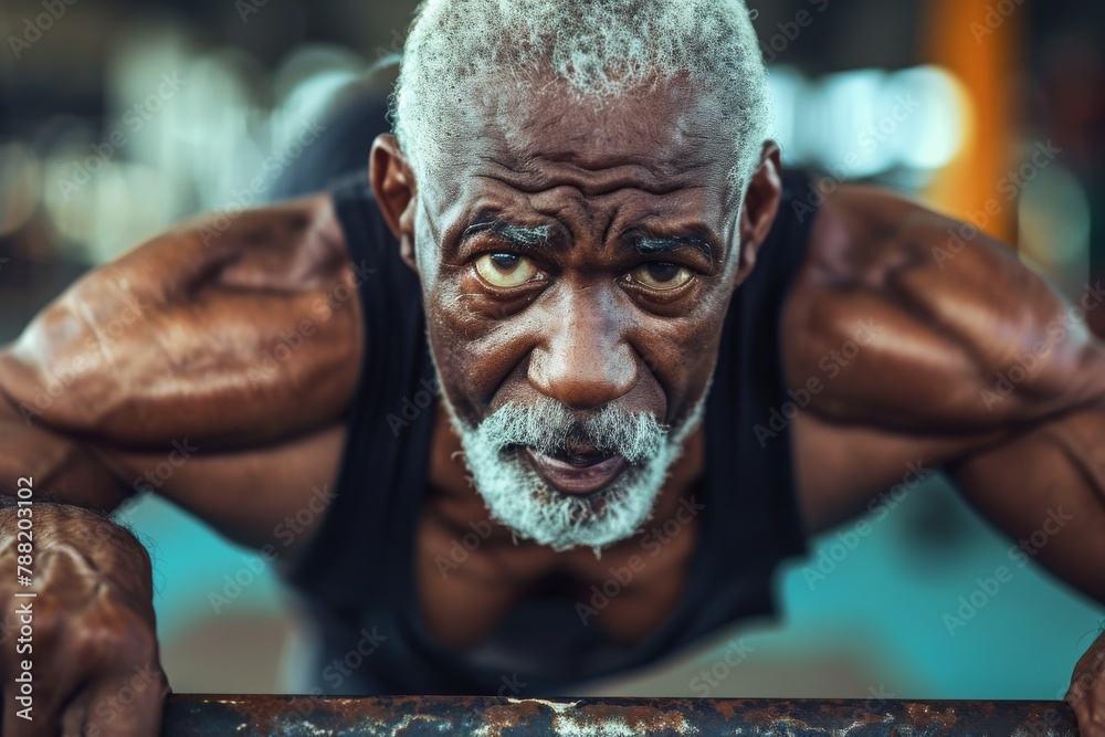 An older man engaged in a physical exercise routine, performing push ...
