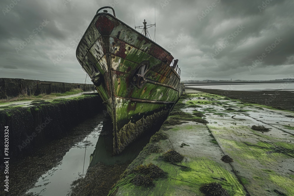 A boat is visible, partially covered in mud, as it sits stranded in ...