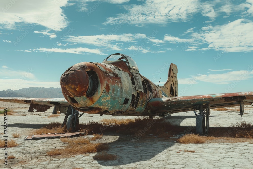 An abandoned aircraft, covered in rust, sits motionless atop a dry ...