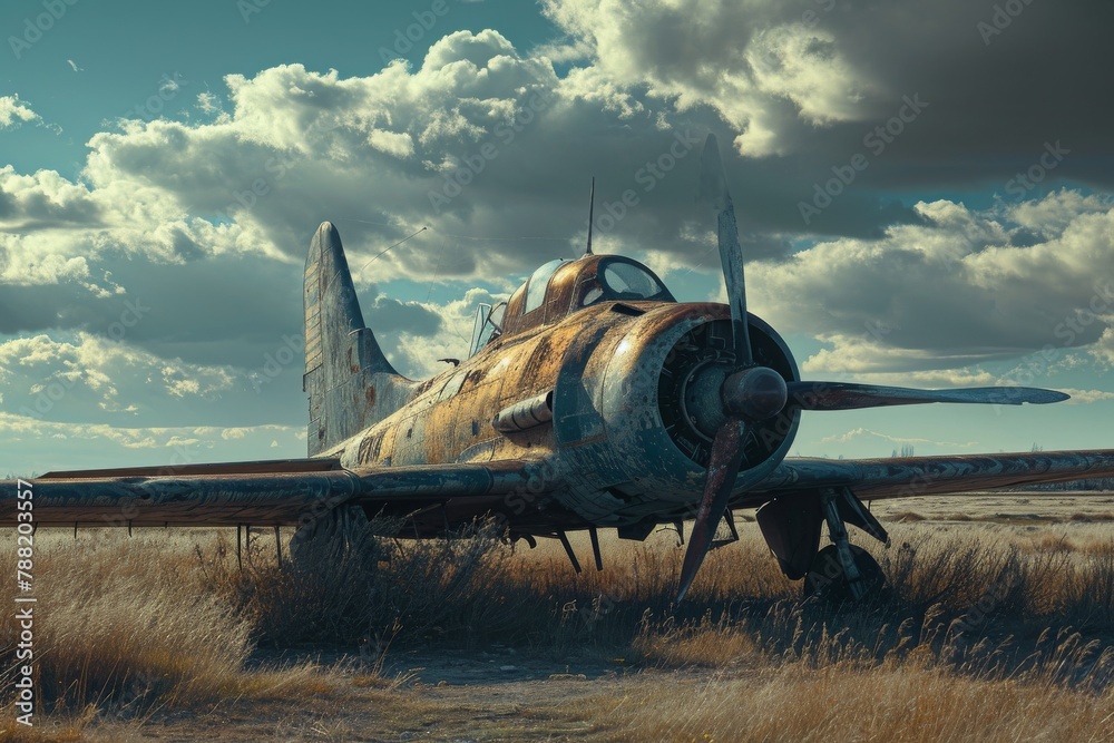 An old plane, no longer in use, sits quietly in a field, showcasing its ...