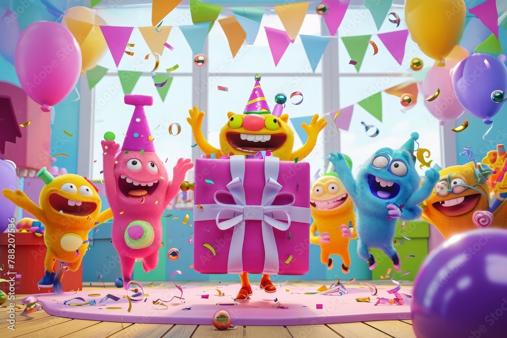 A Group of Cartoon Characters Celebrating a Birthday, Animated ...