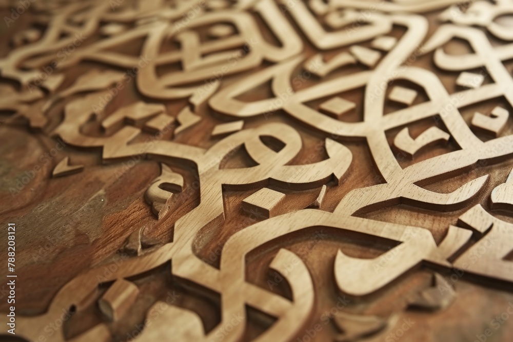 A detailed close-up view of a wooden table featuring intricate Arabic ...