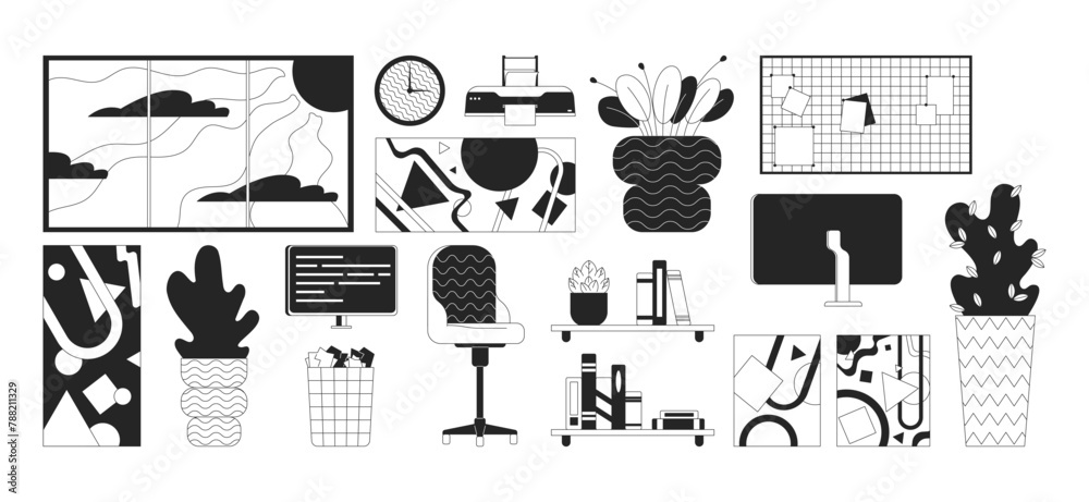 Office interior design details black and white 2D line cartoon object ...