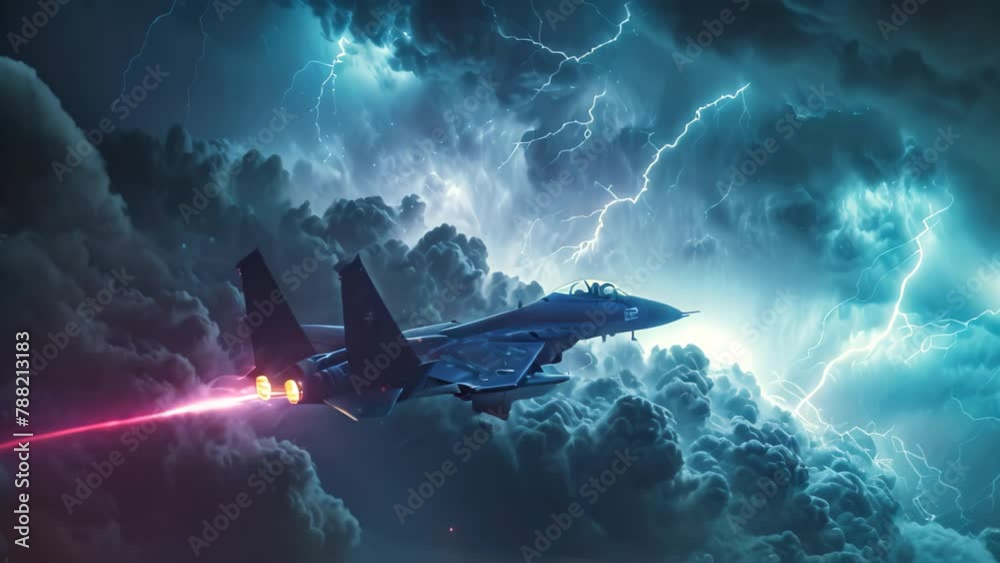 A fighter jet fearlessly navigates through a storm-filled sky, braving ...