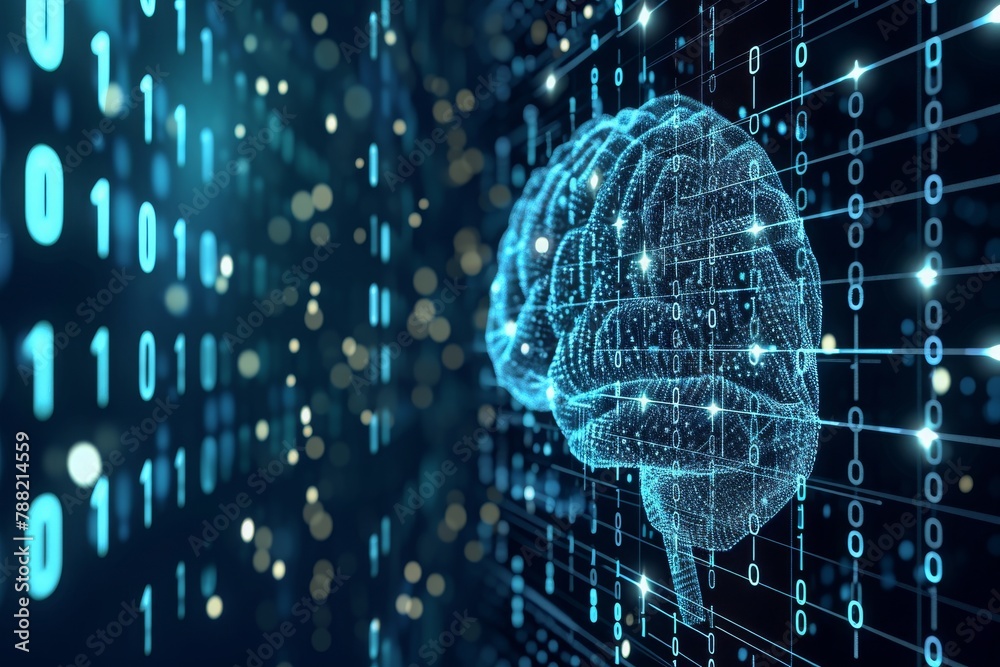 Digitized Brain Exploring the Complex World of Numbers, Binary code forming the pattern of a ...