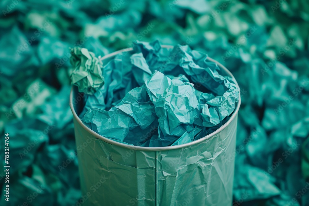 Container overflowing with crumpled paper on a bed of green crumpled ...