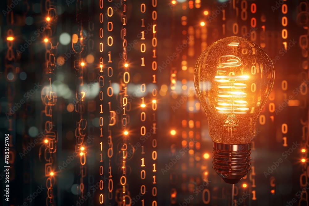 A light bulb emits a radiant glow in the darkness, illuminating the ...