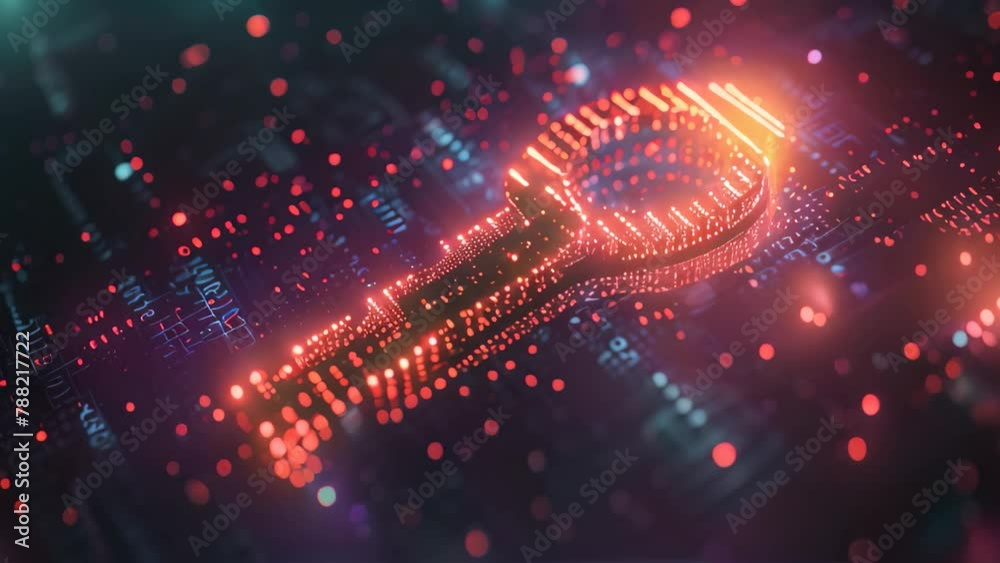 A close-up photo of a magnifying glass placed on top of a digital binary code background ...