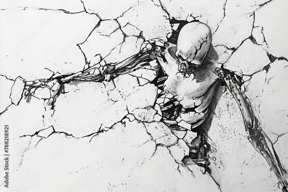 This photo depicts a black and white drawing of a skeleton positioned ...
