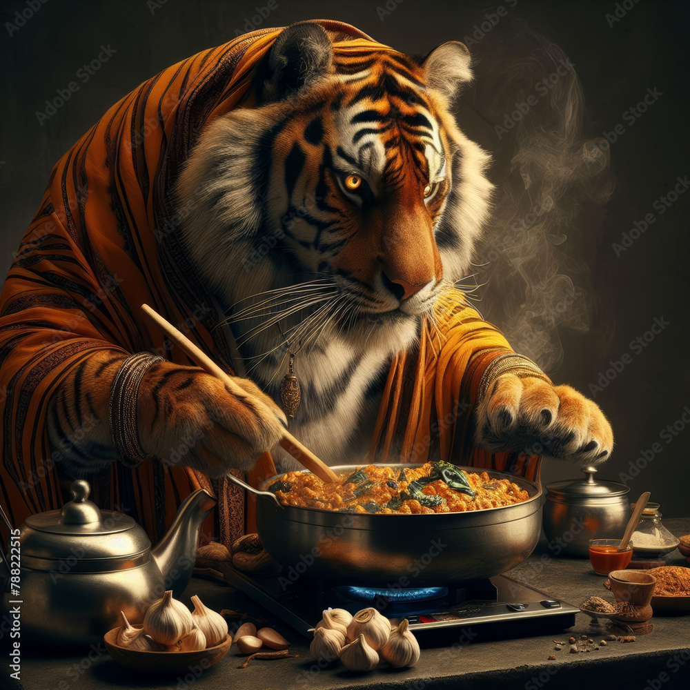 Tiger dressed as an Indian bai cooking food - Generative AI Stock Photo ...