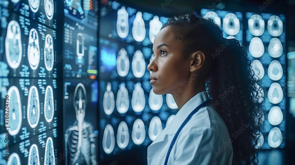 Female neurologist studying brain tests, examining cerebral magnetic ...