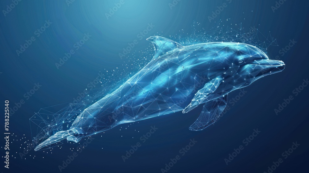 Abstract jumping dolphin in polygons on technology blue background. Low ...