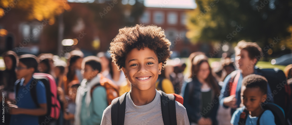 Bright-eyed African American schoolboy with a backpack, warmly smiling ...