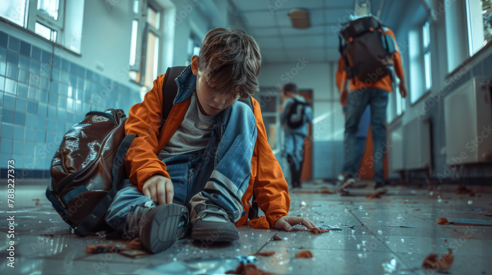 Boy is laying on the floor at the school hall after being bullied by ...