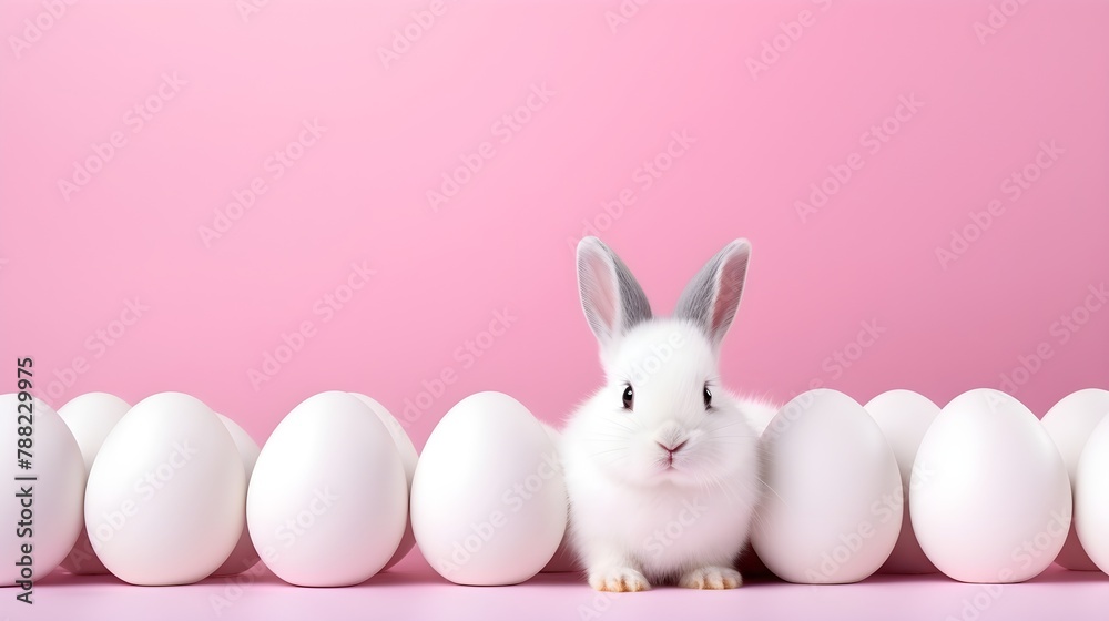 Pastel pink minimal background with a white cute baby easter bunny with ...