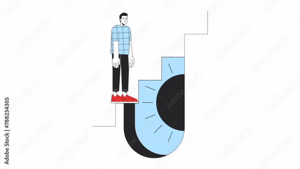 Man going up surreal stairs line 2D animation. Disoriented male lost in ...