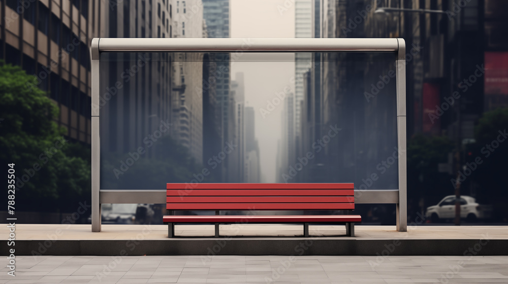 Urban bus stop with red bench mockup photography. Transparent transit ...