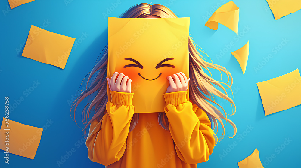 emoticon expressions. Yellow emoji paper sticker. anime person covering ...