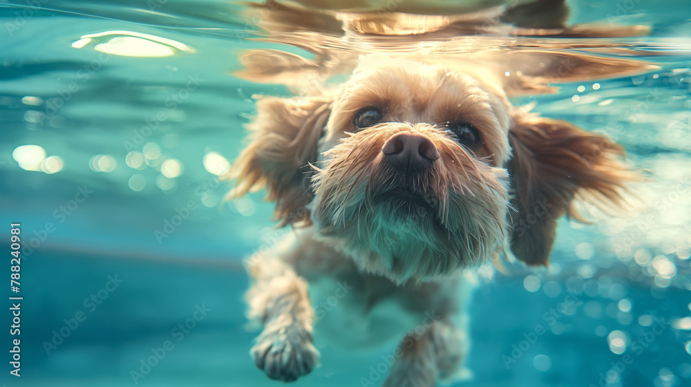 Underwater photography of family dog playing in the pool in the summer ...