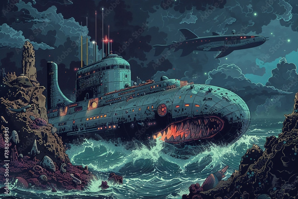 Retro underwater exploration, submarines and sea monsters, mysteries of ...