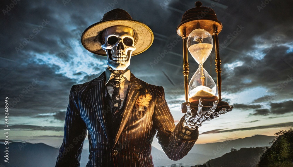 death no time; skeleton dressed in a suit holding a sand clock in his ...