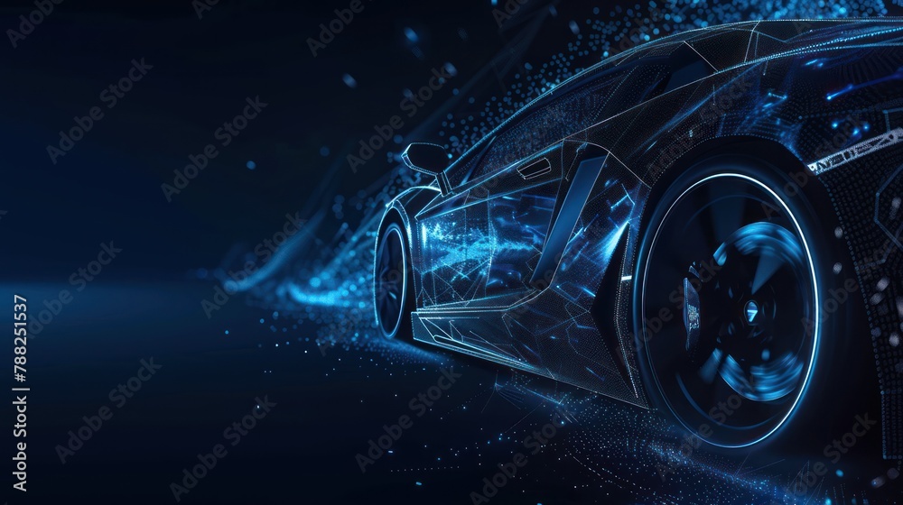 Abstract polygonal light of closeup realistic car side view in the dark ...