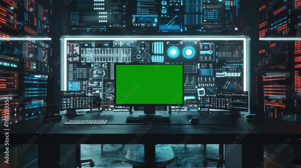 Green screen in an AI analysis room on computer screens in a large high ...
