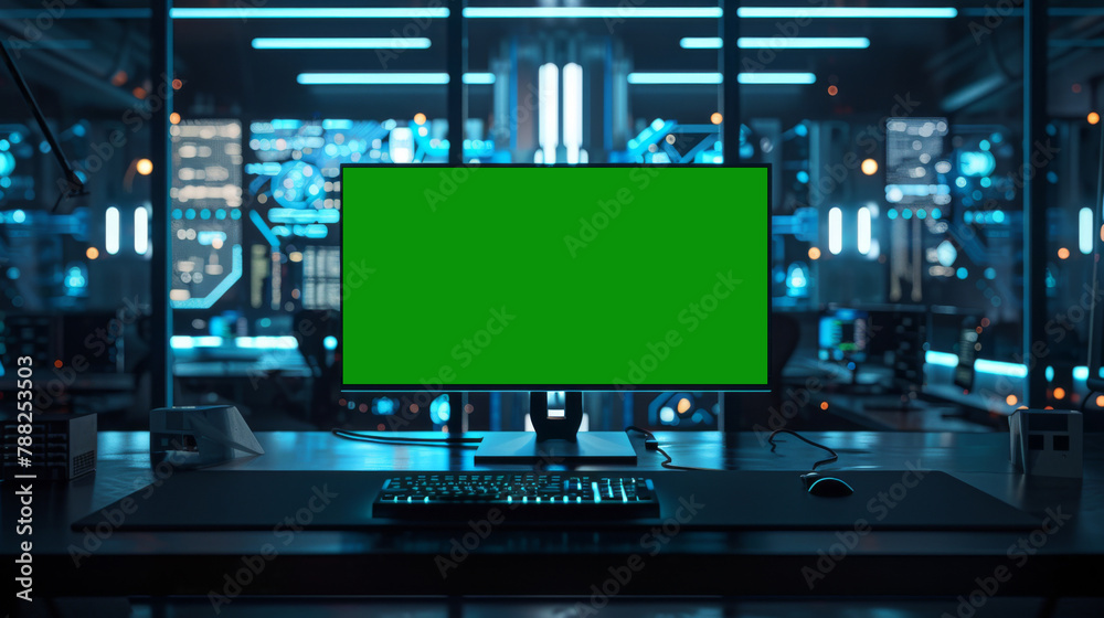 Green screen in an AI analysis room on computer screens in a large high ...