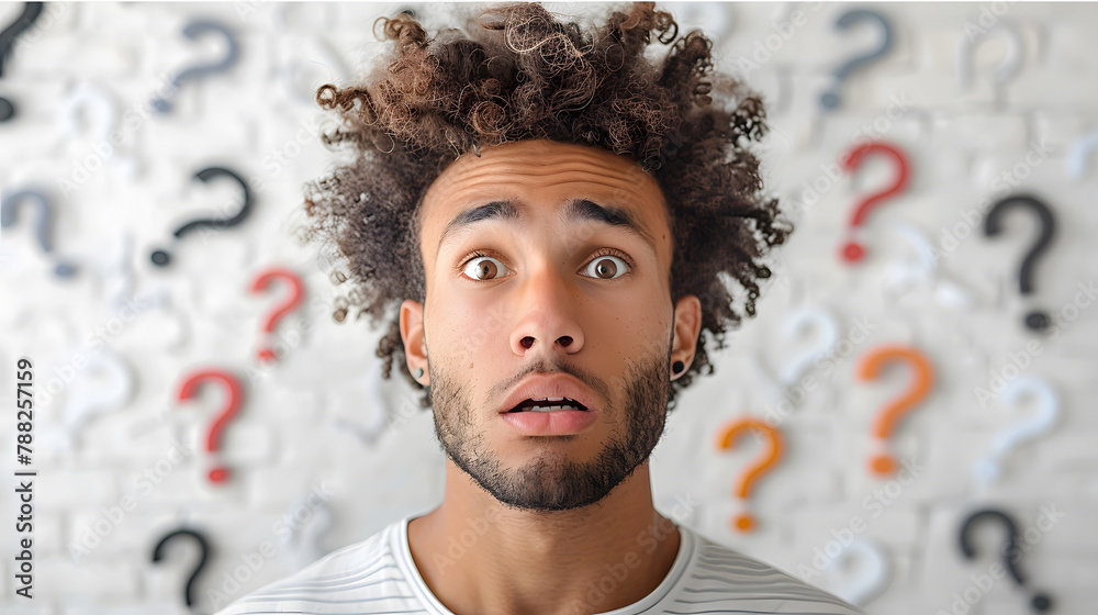 man standing looking very confused with question marks flying over his ...