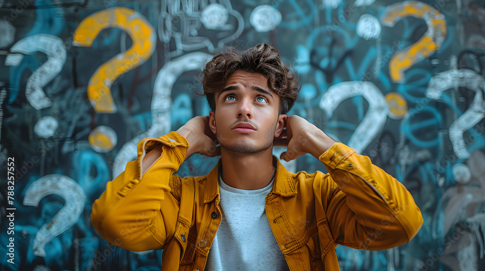 man standing looking very confused with question marks flying over his ...