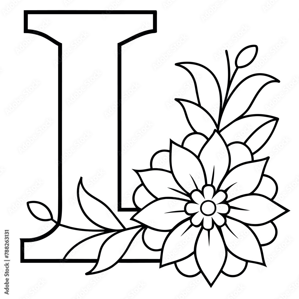 Alphabet L coloring page with the flower, L letter digital outline ...