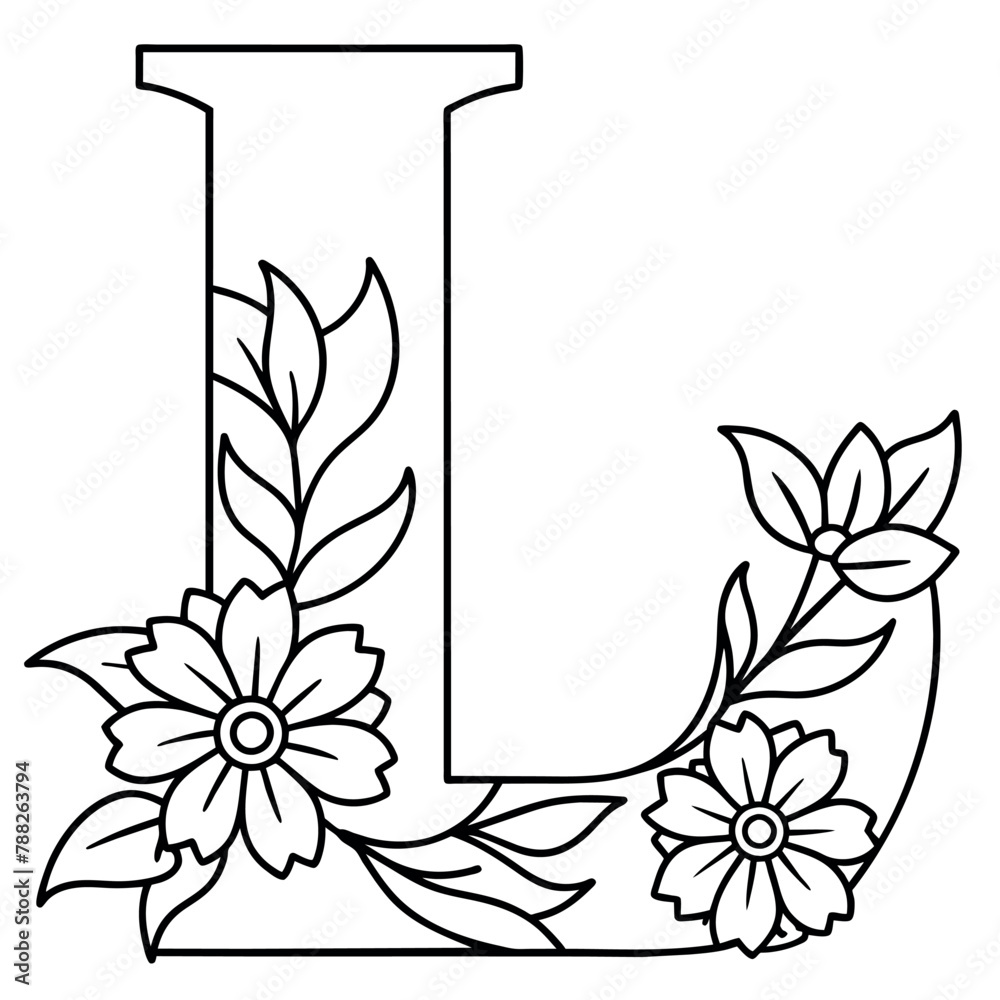 Alphabet L coloring page with the flower, L letter digital outline ...