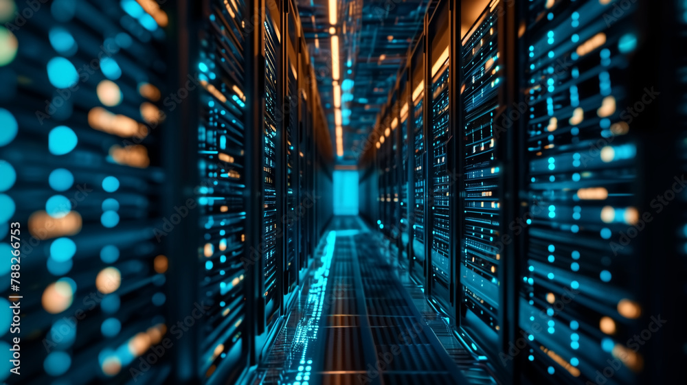 A modern data center with rows of server racks illuminated by ambient ...