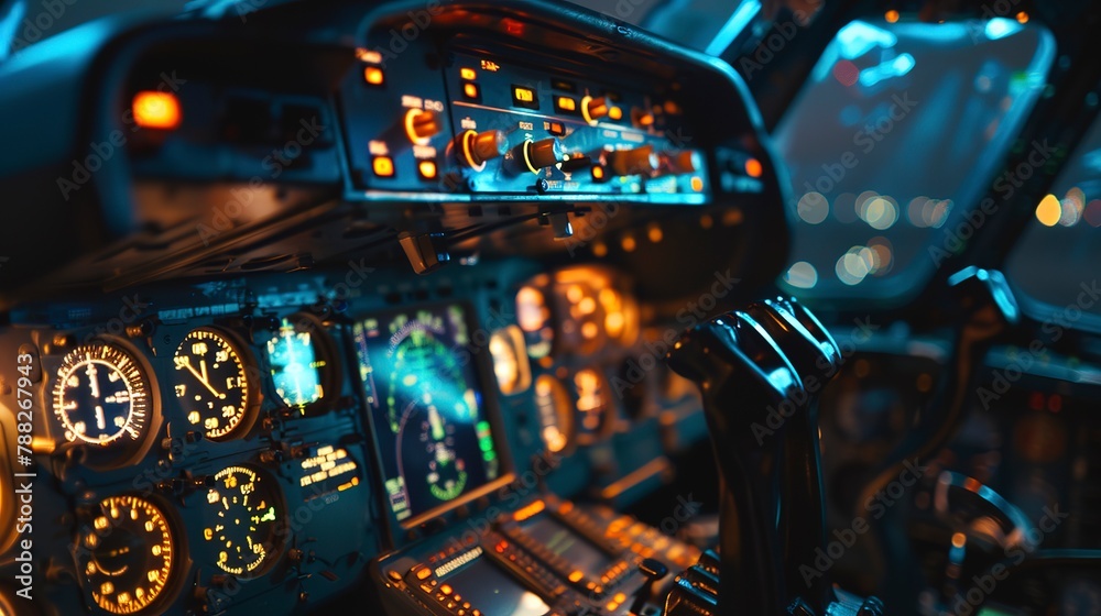 Cockpit instruments lit up during night flight, tight view, navigating ...