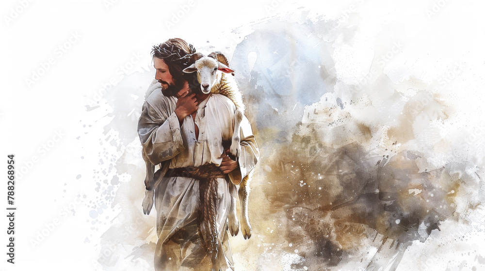 Jesus tenderly carries the lost sheep on his shoulders in a digital ...
