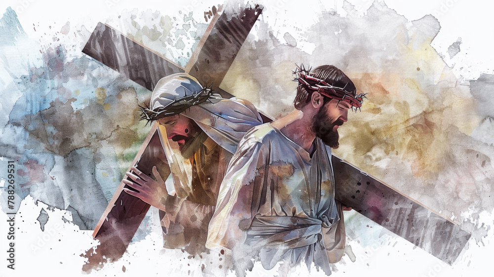 Jesus, with the help of Simon of Cyrene, carries the cross in a digital ...