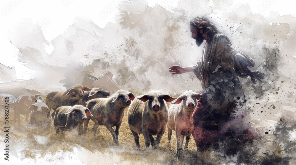 Jesus using digital watercolor technique on a white background casting ...