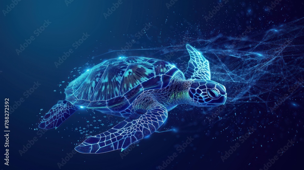 Abstract swimming sea turtle in polygons on technology blue background ...