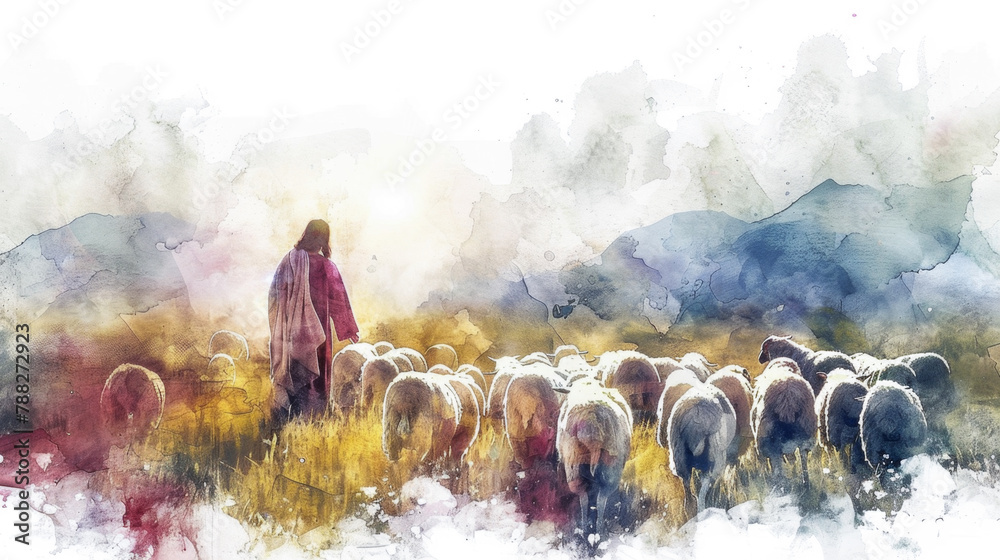 Jesus, depicted in a digital watercolor painting on a white background ...