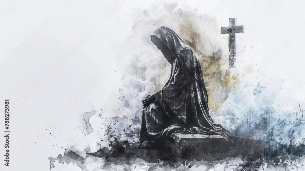 Mary, mother of Jesus, crying at the foot of the cross in a digital ...