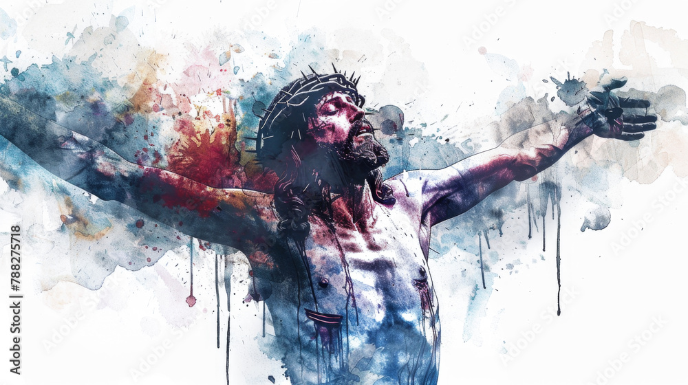 A digital watercolor painting depicting Jesus on the cross, his face ...