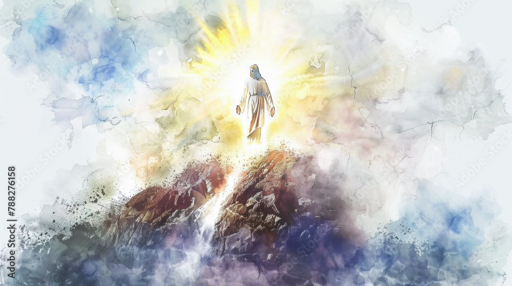 Jesus, shining brightly, depicted in digital watercolor on a white ...