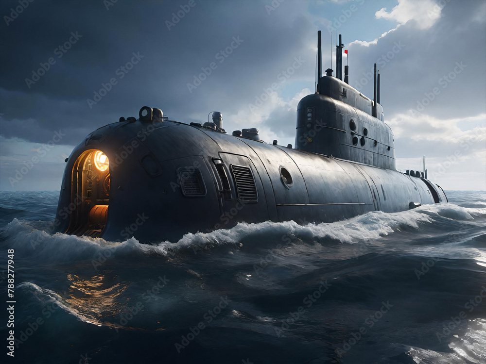 submarine emerging from the ocean, sky with clouds, generative ai ...