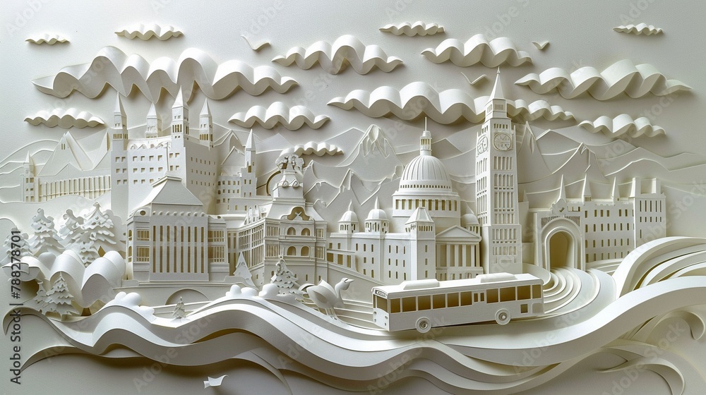 Produce a dynamic paper cut artwork of a city's public bus winding its ...