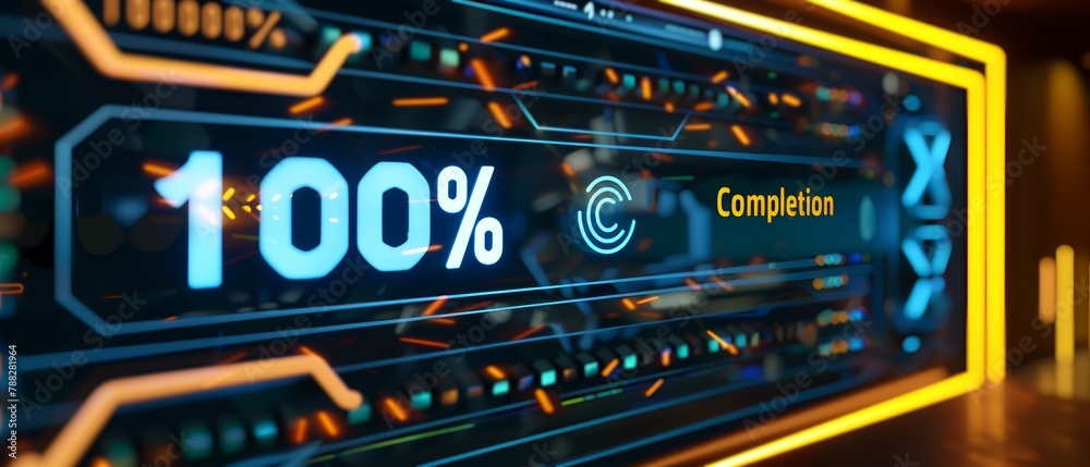 Futuristic loading screen, "100% Completion", sleek UI design ...
