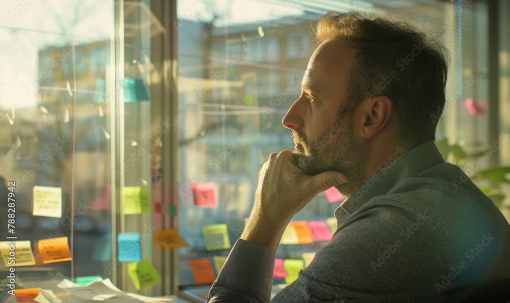 Business man, thinking and notes on glass board for strategy ...