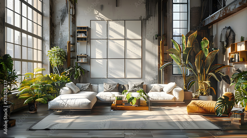 A modern loft-style living room with Brutalist design elements ...