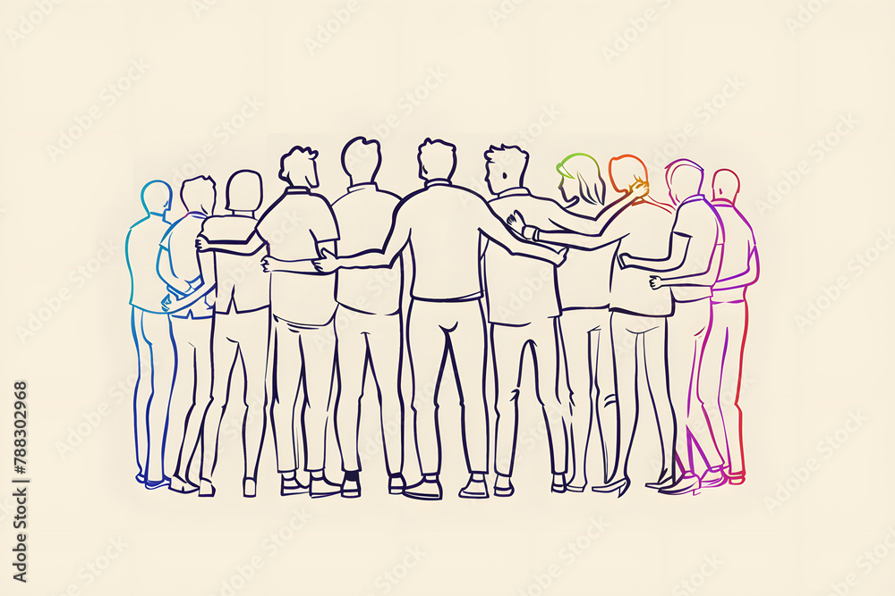 One line drawing of business people standing in a huddle with their ...