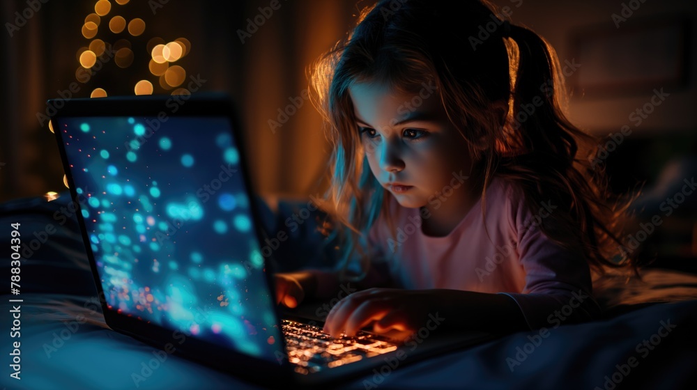 Generation alpha little girl playing or studying at laptop with new ...